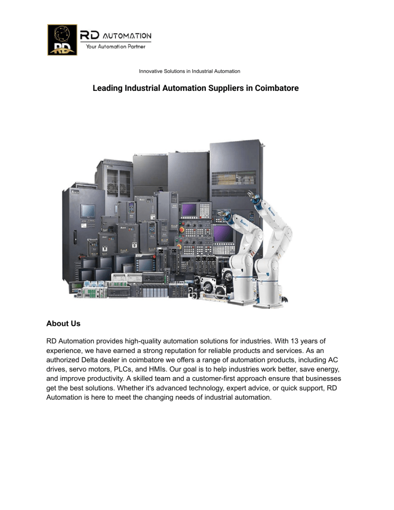 RD Automation: Industrial Automation Solutions in Coimbatore