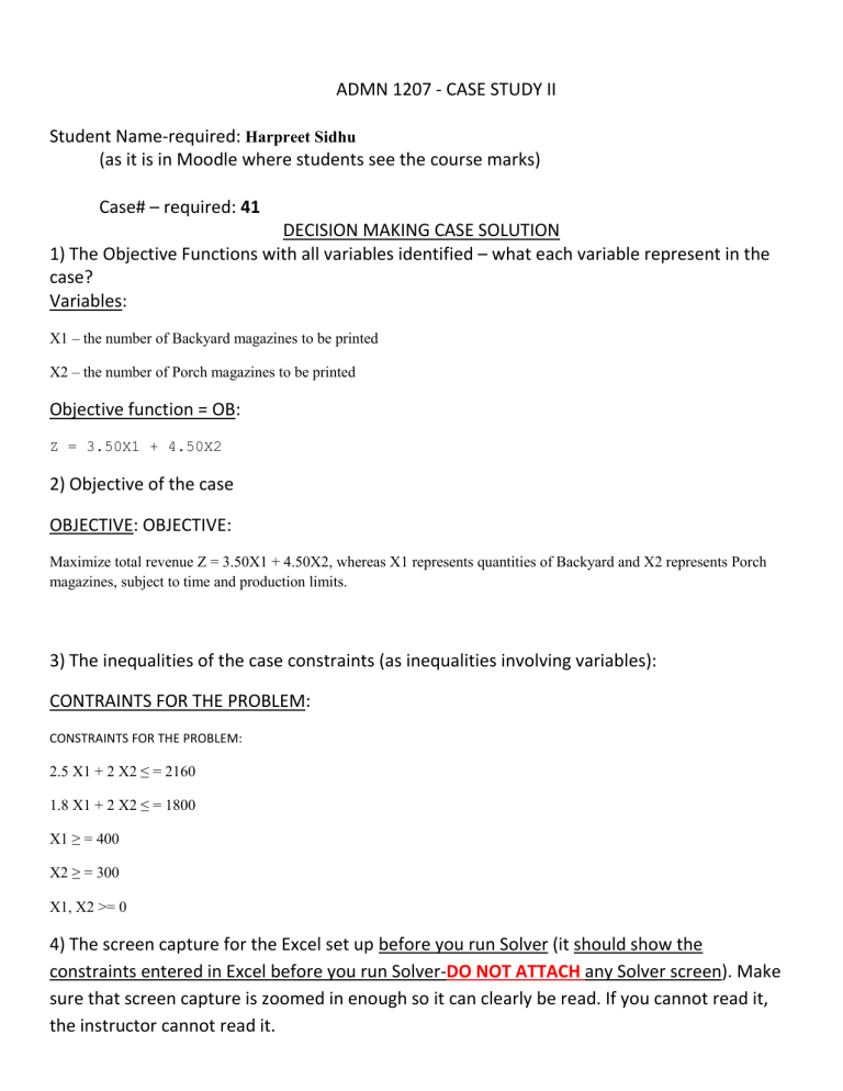 ADMN 1207 Case Study Solution: Linear Programming