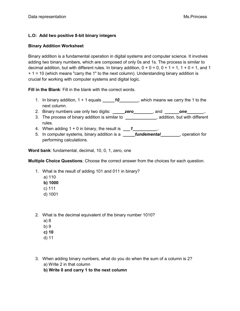 Binary Addition Worksheet: Learn 8-bit Binary Integers