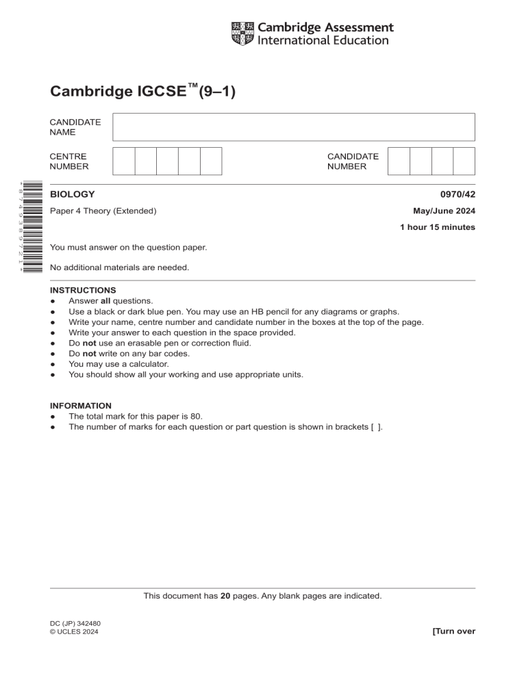 IGCSE Biology Exam Paper 0970/42 May/June 2024