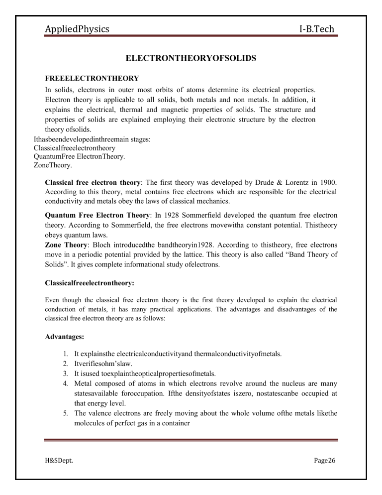 Electron Theory of Solids: Free Electron & Zone Theories