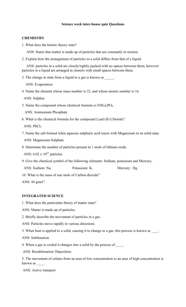 Science Quiz: Chemistry & Integrated Science Questions