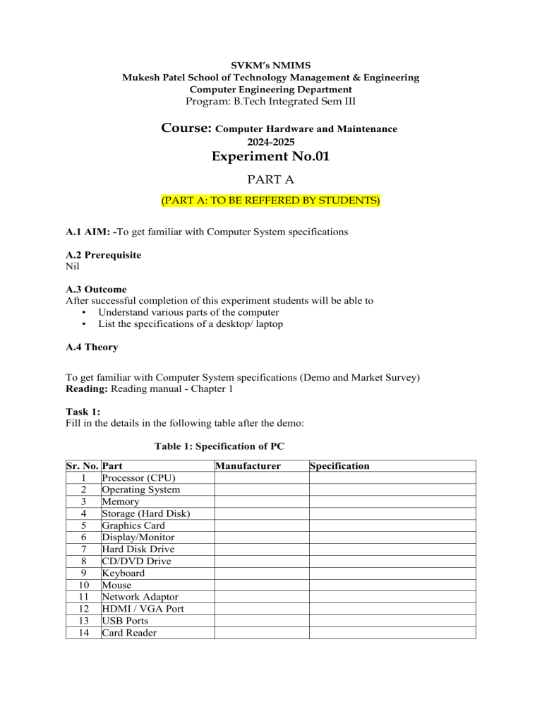 Computer Hardware Lab: System Specifications