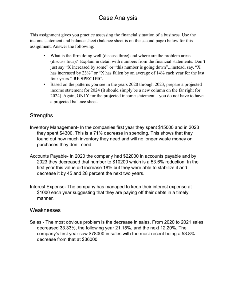Financial Case Analysis Income Statement Balance Sheet