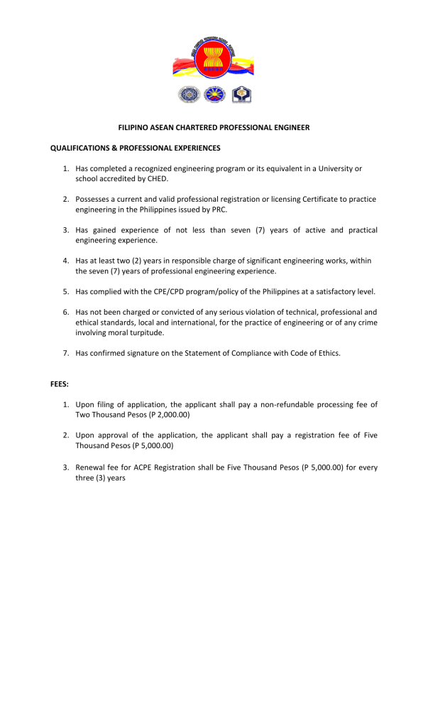 Filipino ASEAN Chartered Engineer Requirements & Fees