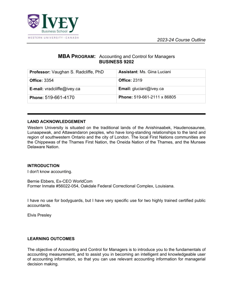 Accounting & Control MBA Course Outline - Ivey Business School