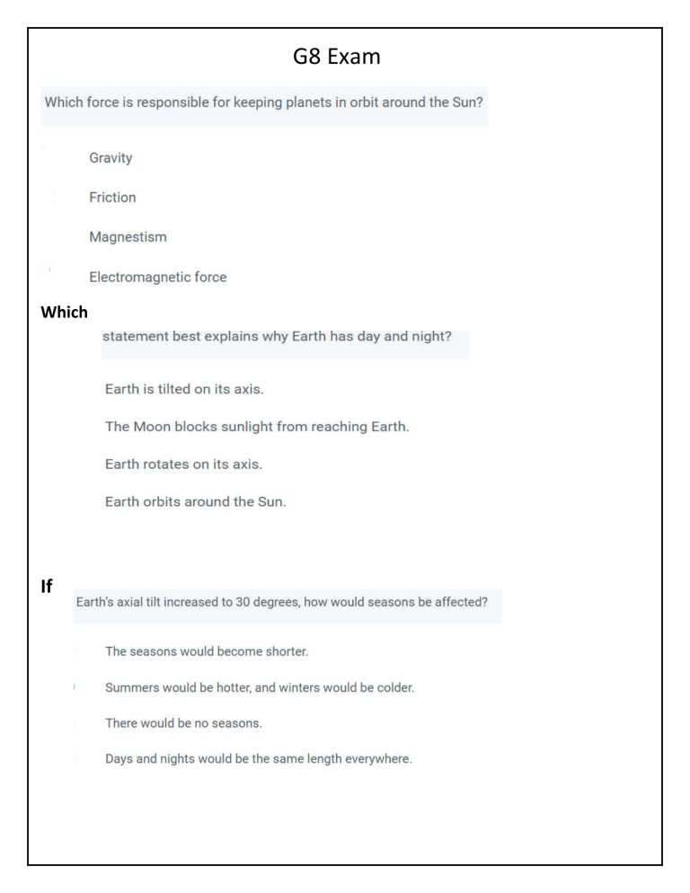 Middle School Science Exam: Earth & Space