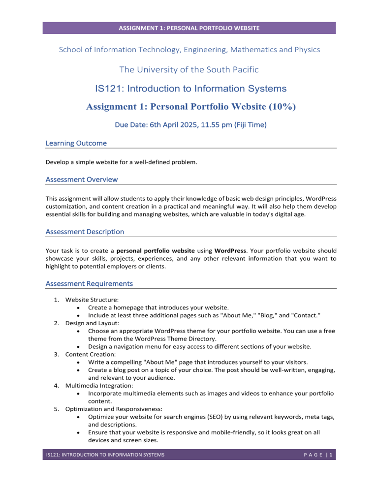 Personal Portfolio Website Assignment - IS121