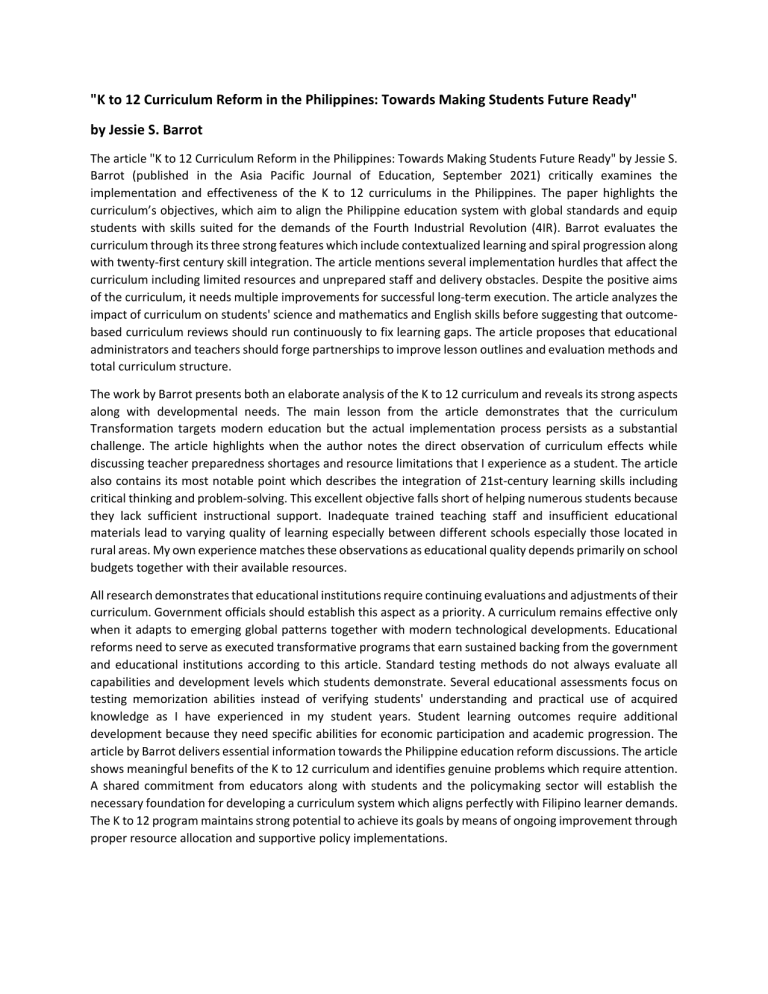 K to 12 Curriculum Reform in the Philippines