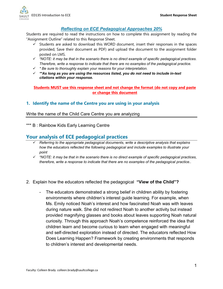 ECE Pedagogical Approaches Analysis: Student Response Sheet