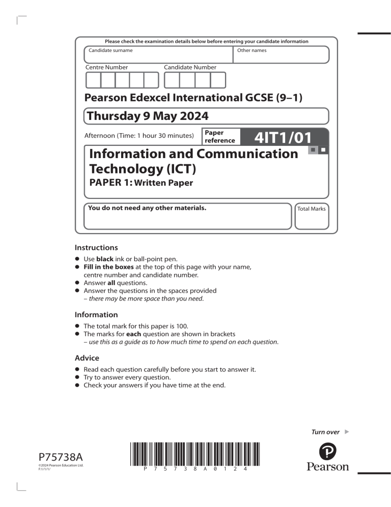 IGCSE ICT Paper 1 Exam (9-1) - May 2024