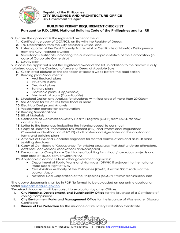 Baguio Building Permit Requirements Checklist - City Government