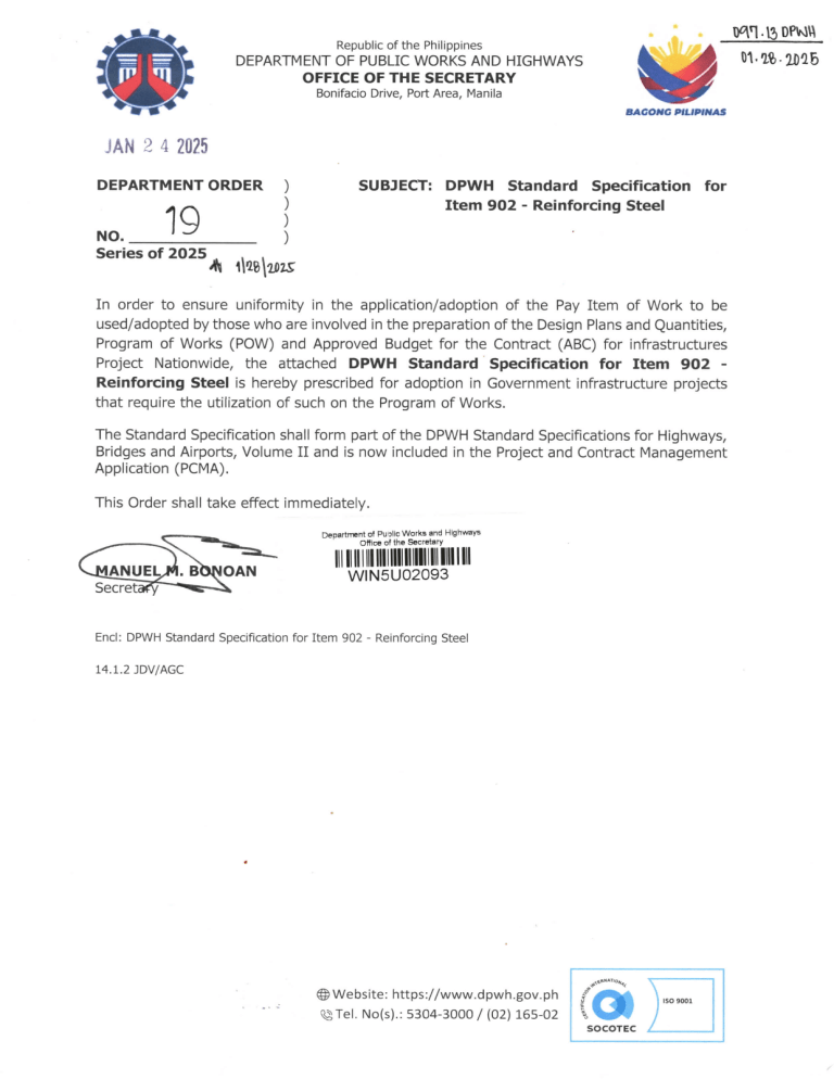 DPWH Standard Specification for Reinforcing Steel - Item 902