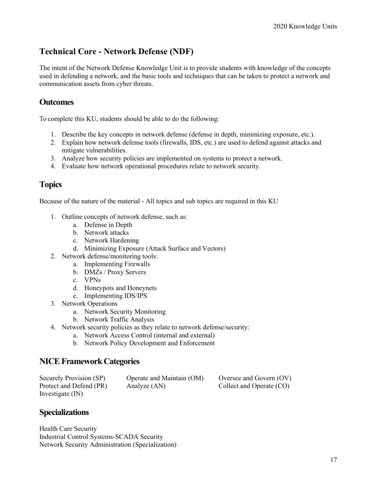 Network Defense Knowledge Unit: Concepts, Tools, Policies