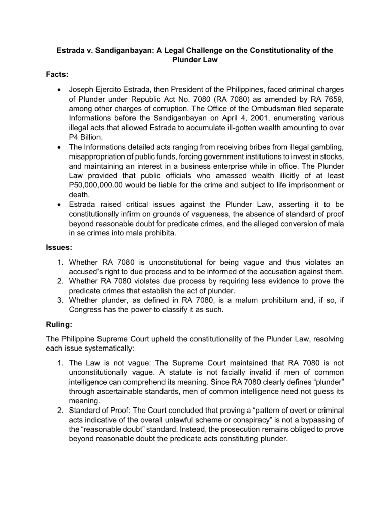 Estrada v. Sandiganbayan: Plunder Law Case Brief