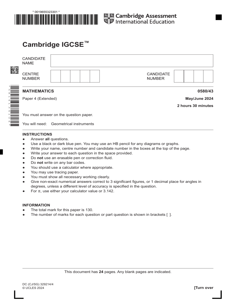 Cambridge IGCSE Mathematics 0580/43 Exam Paper