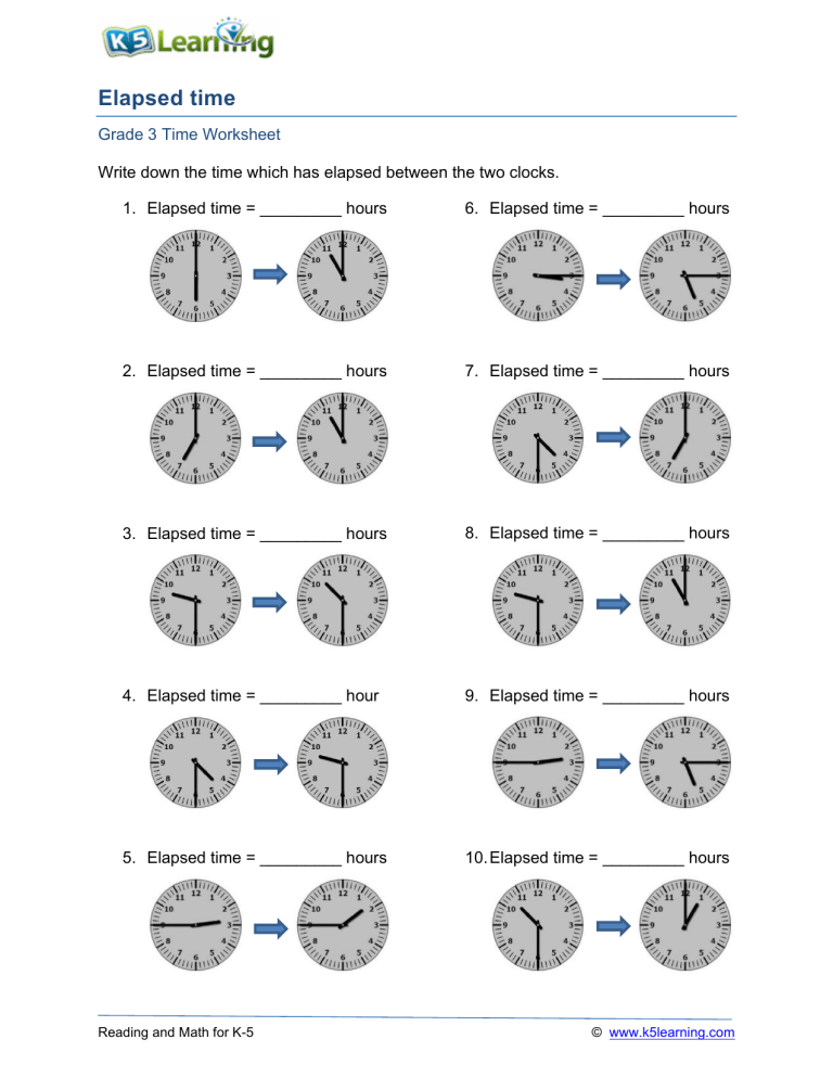 Elapsed Time Worksheet - Grade 3 Math Practice