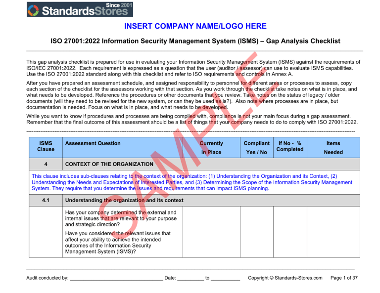 ISO 27001:2022 ISMS Gap Analysis Checklist