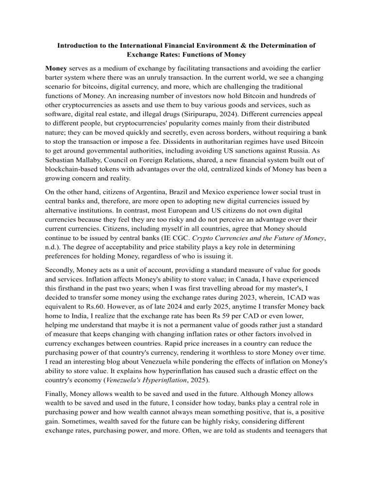 International Finance & Exchange Rates: Functions of Money