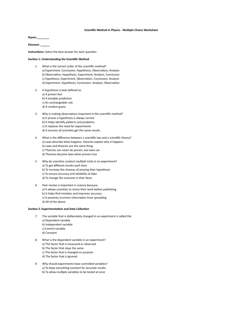 Scientific Method Physics Worksheet - Multiple Choice
