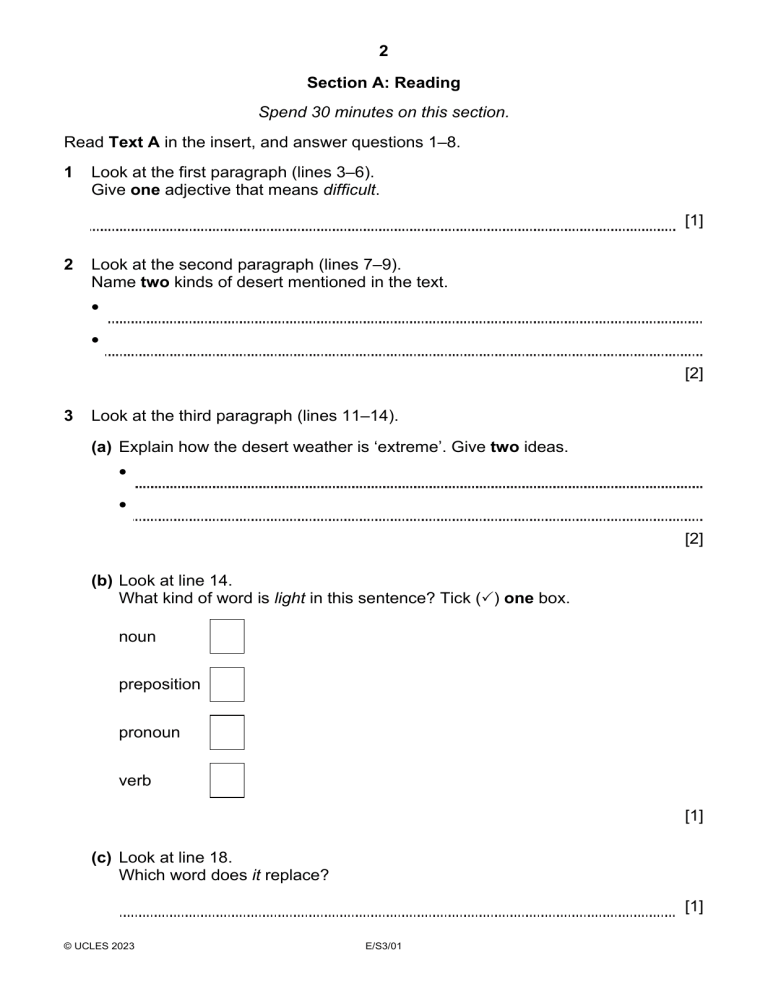 Reading & Writing Exam Paper - Middle School