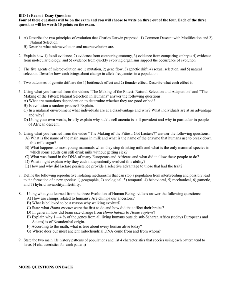 Biology Exam 4 Essay Questions: Evolution & Ecology