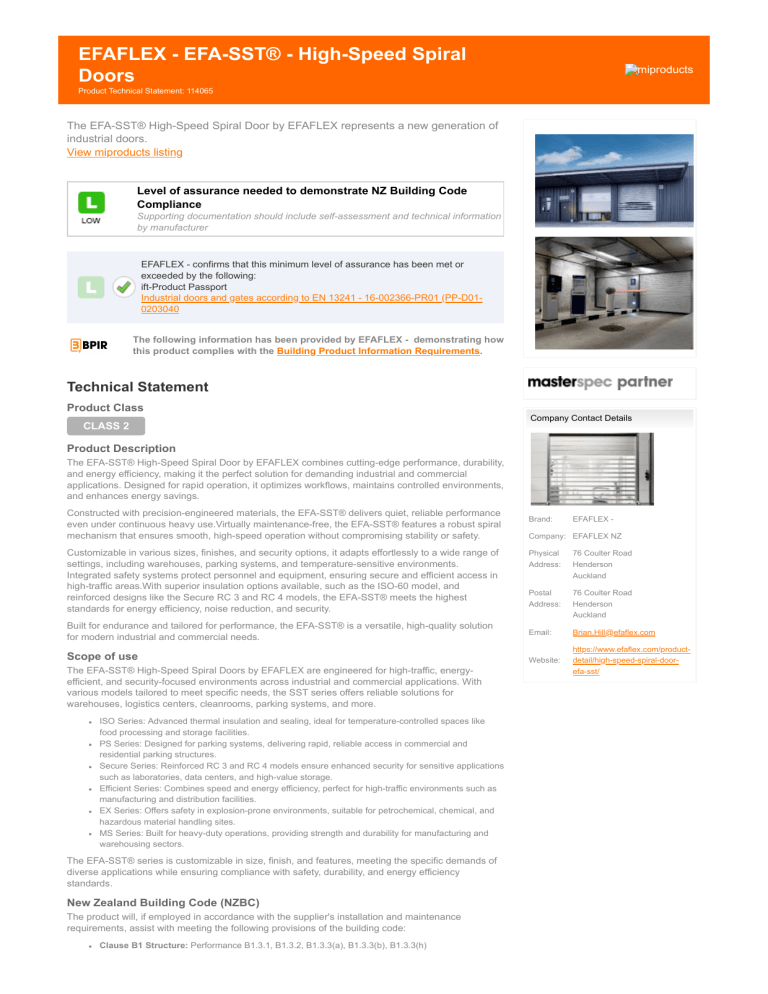 EFAFLEX High-Speed Door Technical Statement: NZ Building Code
