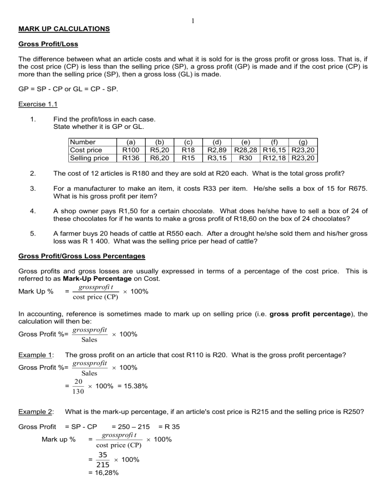 Mark-Up Calculations: Profit/Loss Worksheet