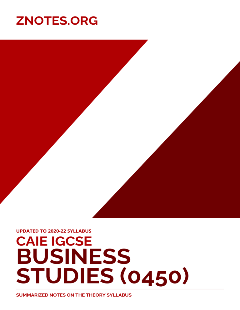 IGCSE Business Studies Notes (0450): Complete Syllabus Summary