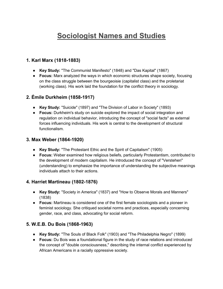 Sociologists and Their Key Studies: A Comprehensive List