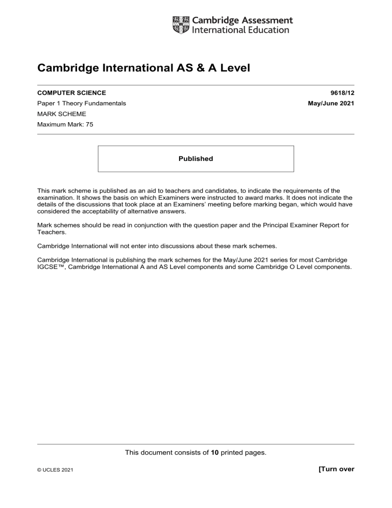 Computer Science AS & A Level Mark Scheme 9618/12 May/June 2021