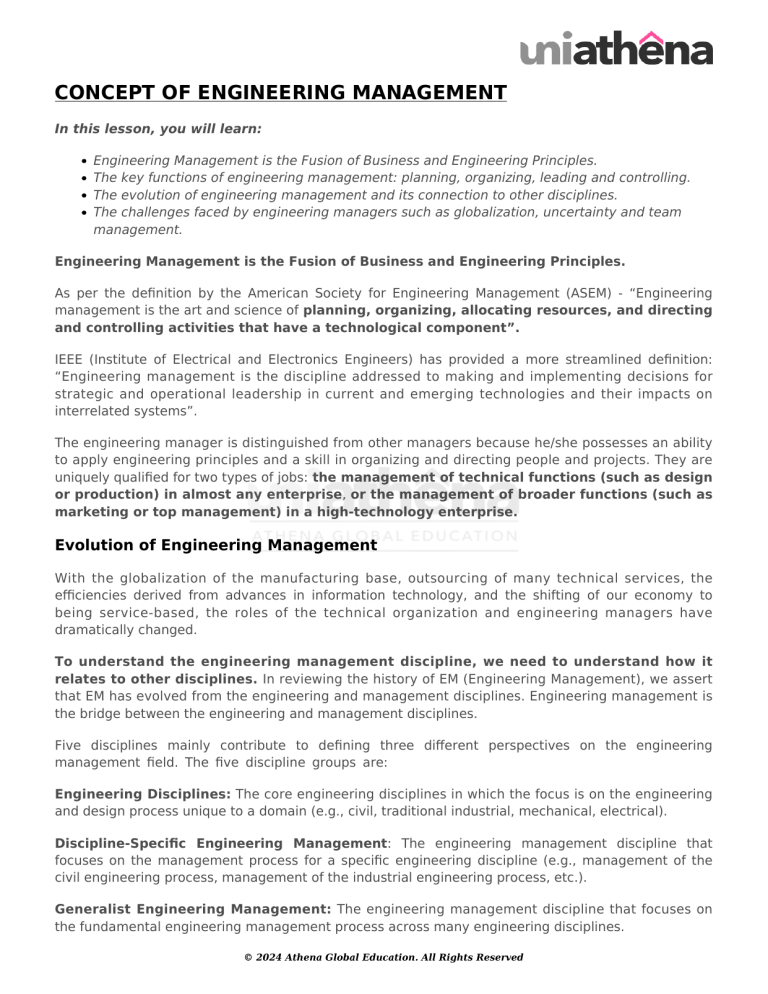Engineering Management: Concepts and Skills