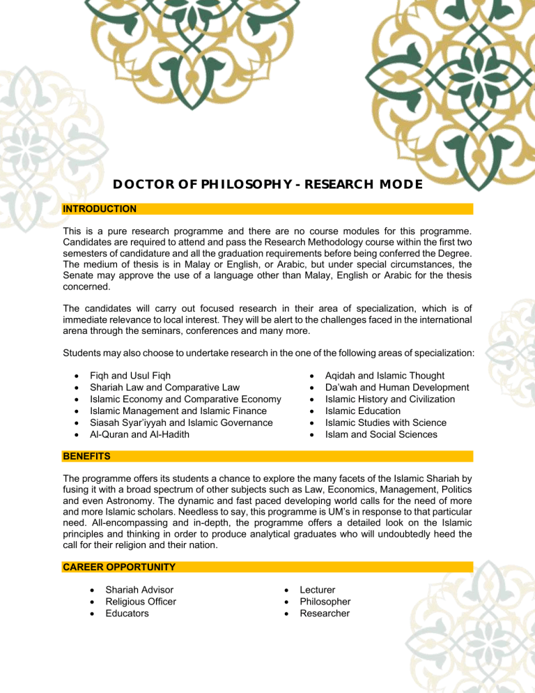 PhD in Islamic Studies - Research Mode at UM