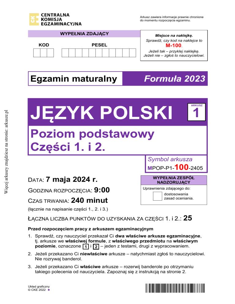 Egzamin z języka polskiego - Matura 2023 Poziom podstawowy