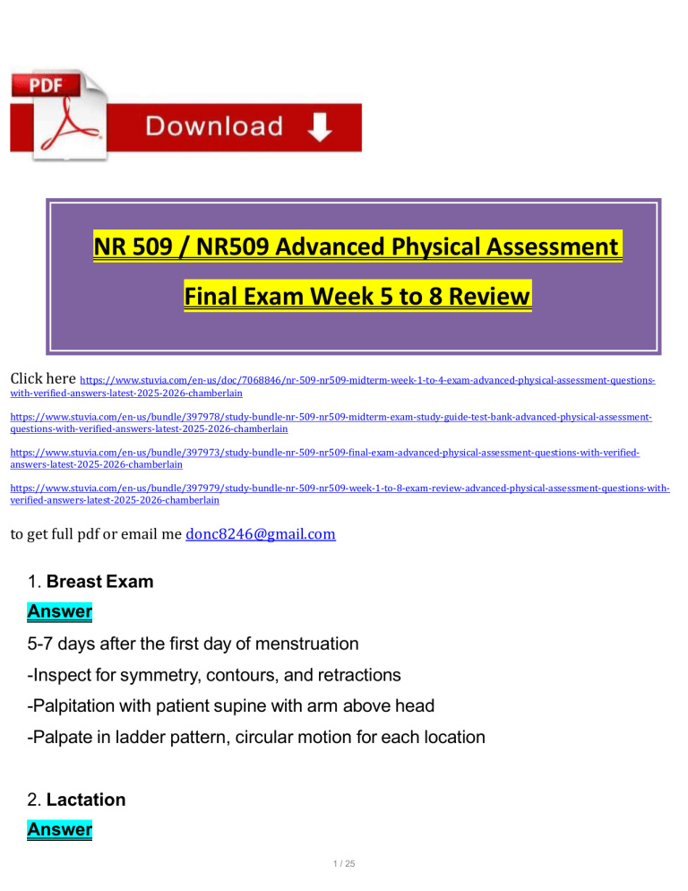 NR 509 Advanced Physical Assessment Final Exam Review