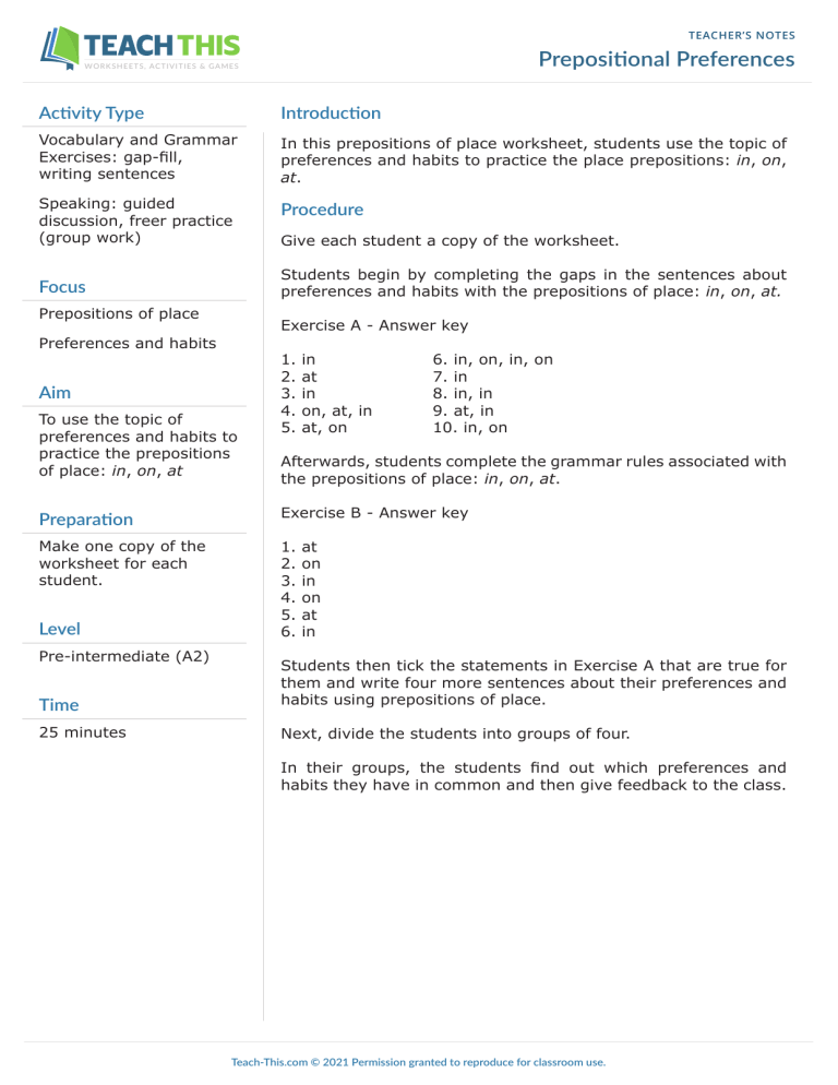 Prepositions of Place Worksheet: In, On, At Practice