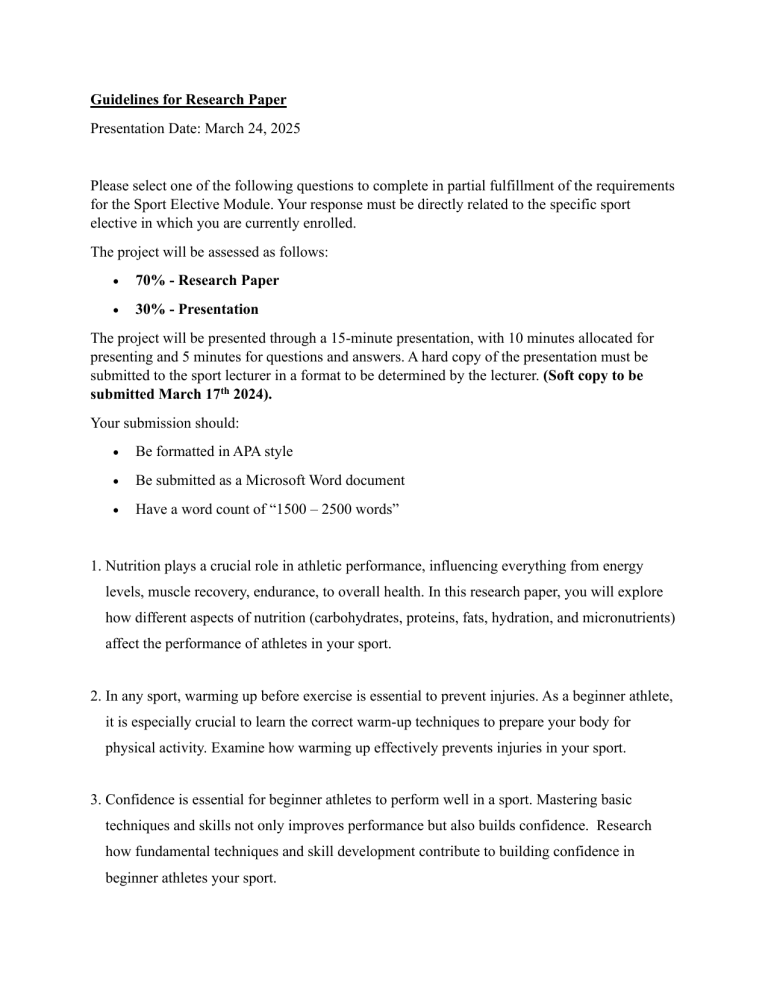 Sport Elective Research Paper Guidelines & Rubric