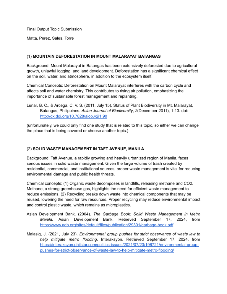 Environmental Chemistry Research Topics in the Philippines