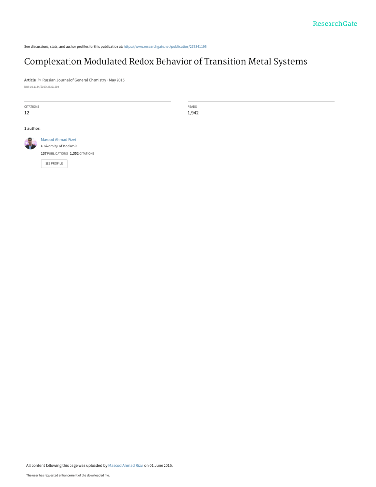 Complexation Modulated Redox Behavior of Transition Metals
