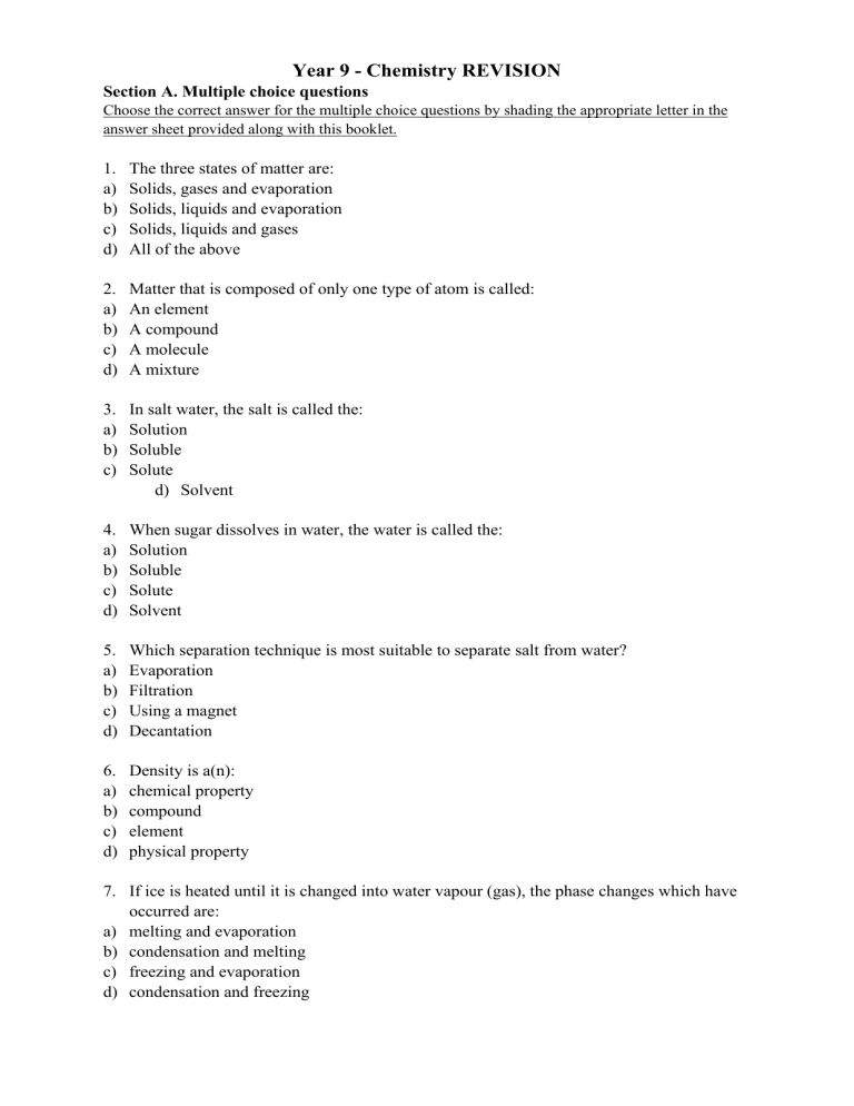 Year 9 Chemistry Revision Worksheet
