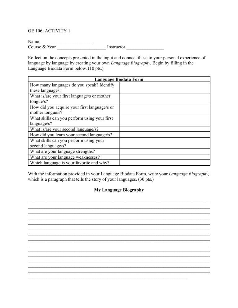 Language Biography Activity Worksheet