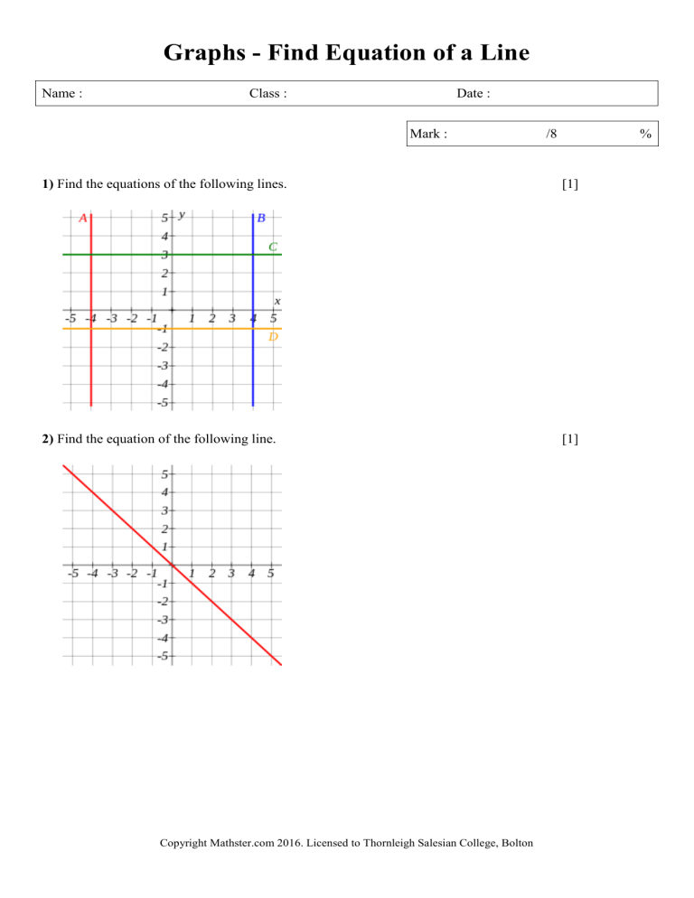 Find Equation of a Line Worksheet