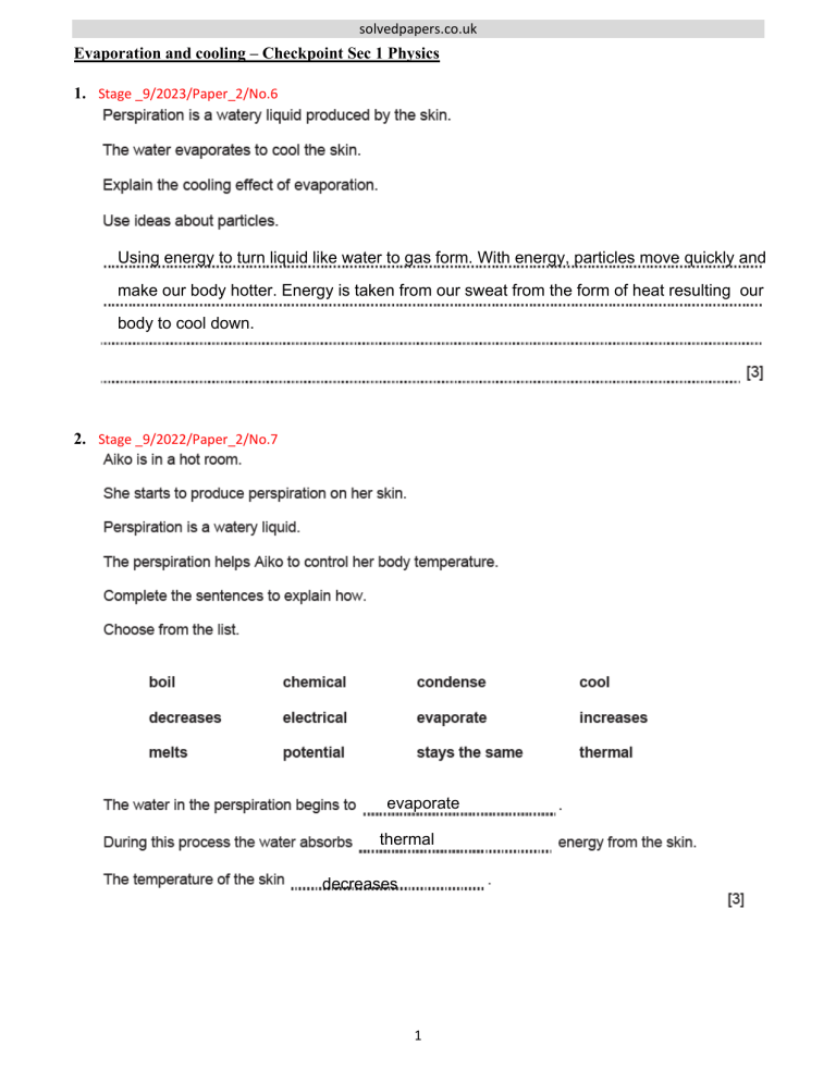 Evaporation & Cooling: Checkpoint Physics Worksheet