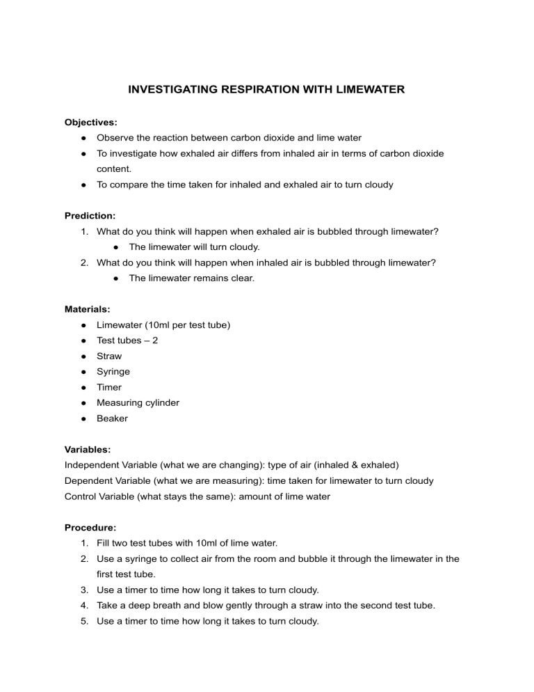 Respiration Lab: Limewater & Carbon Dioxide