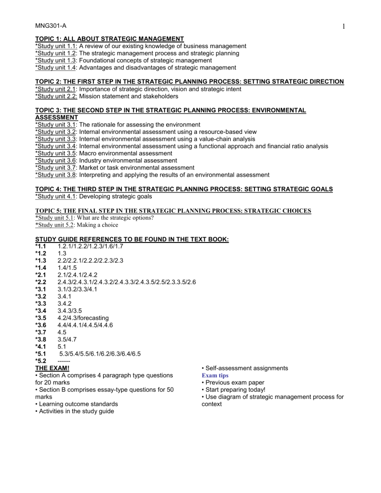 Strategic Management Study Guide: Topics & Exam Tips