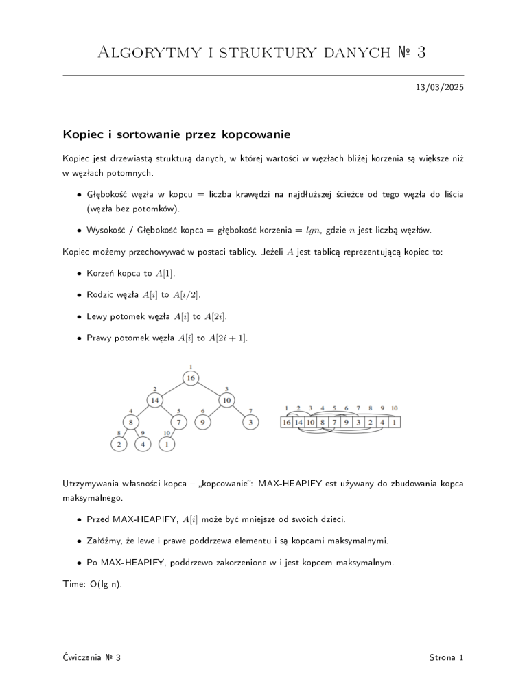 Kopce i algorytm sortowania przez kopcowanie - Notatki