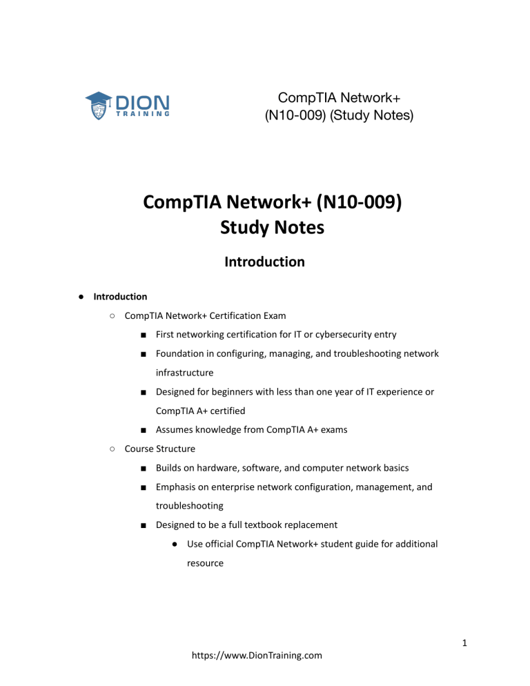 CompTIA Network+ (N10-009) Study Notes