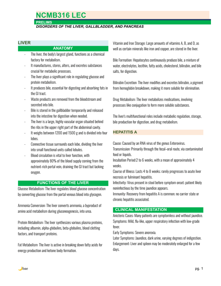 Liver, Gallbladder, Pancreas Disorders: Lecture Notes