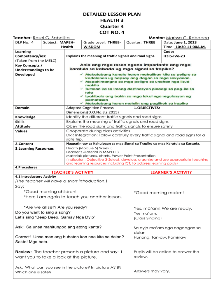 Health 3 Lesson Plan: Traffic Signals & Road Signs