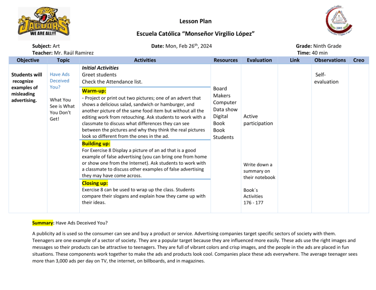 Art Lesson Plan: Misleading Advertising for 9th Grade